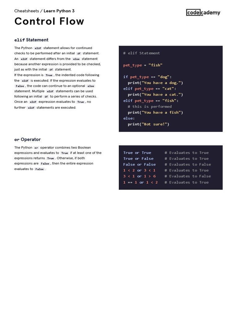 Learn Python 3 Control Flow Cheatsheet Codecademy Pdf Boolean Data Type Computer Science