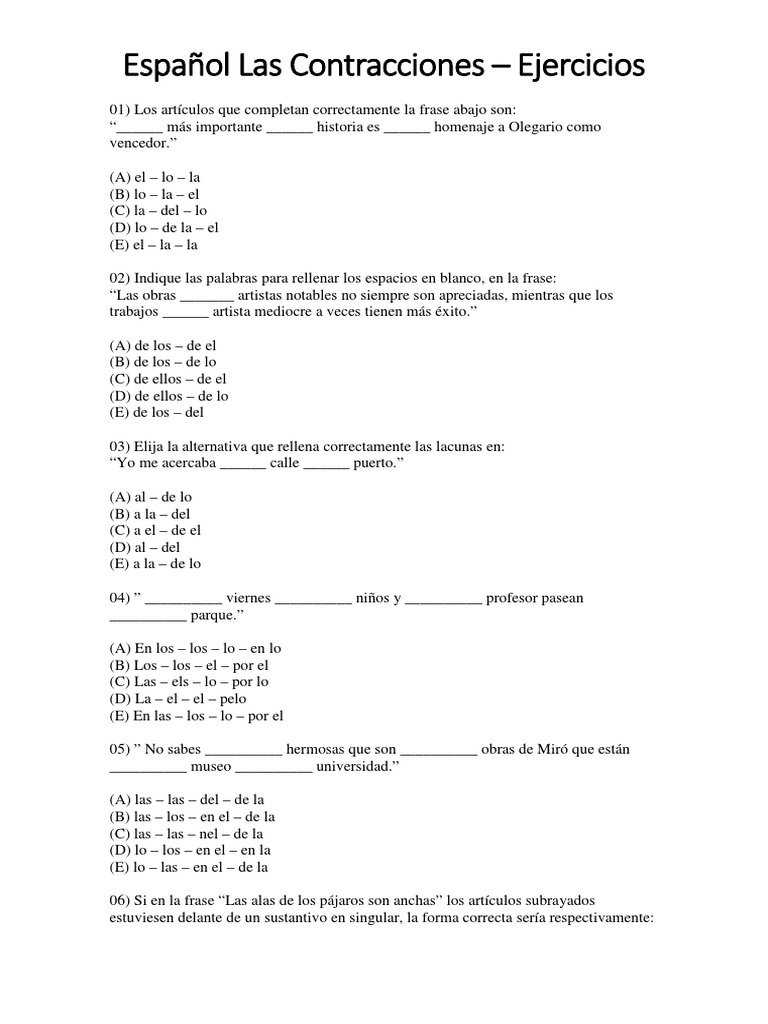 Ejercicios sobre Contracciones en Español | PDF | Artes del Lenguaje y ...