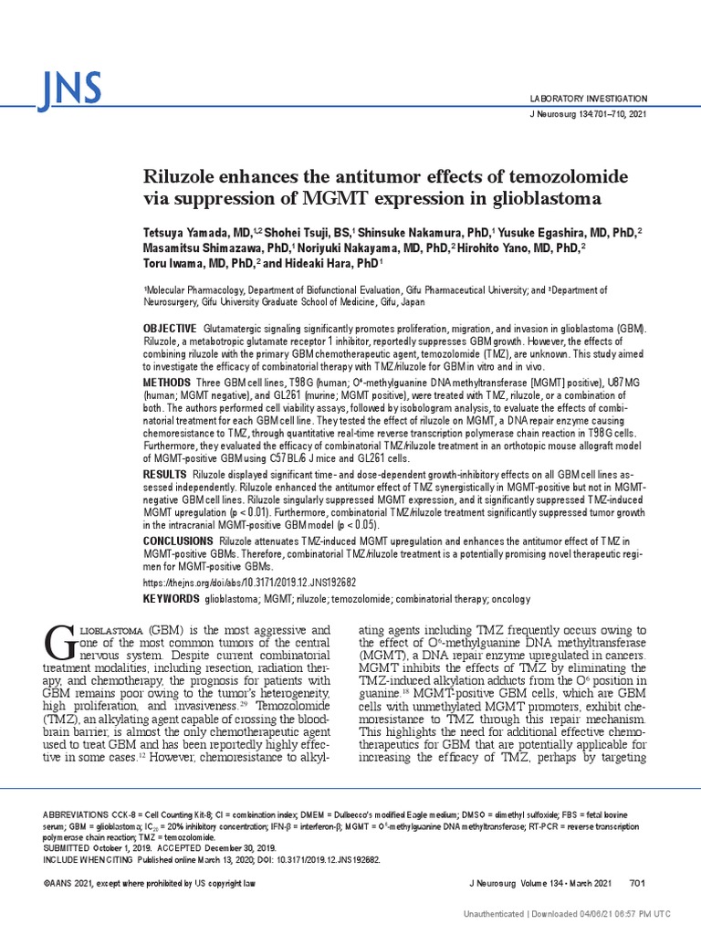 (19330693 - Journal of Neurosurgery) Riluzole Enhances The Antitumor Effects of Temozolomide Via ...