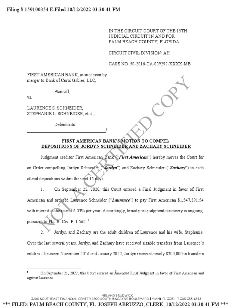 1092 159100354 First American Bank's Motion To Compel Depositions of ...