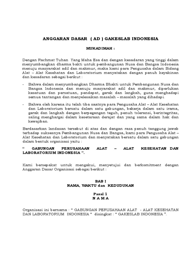 Anggaran Dasar (Ad) Gakeslab Indonesia | PDF