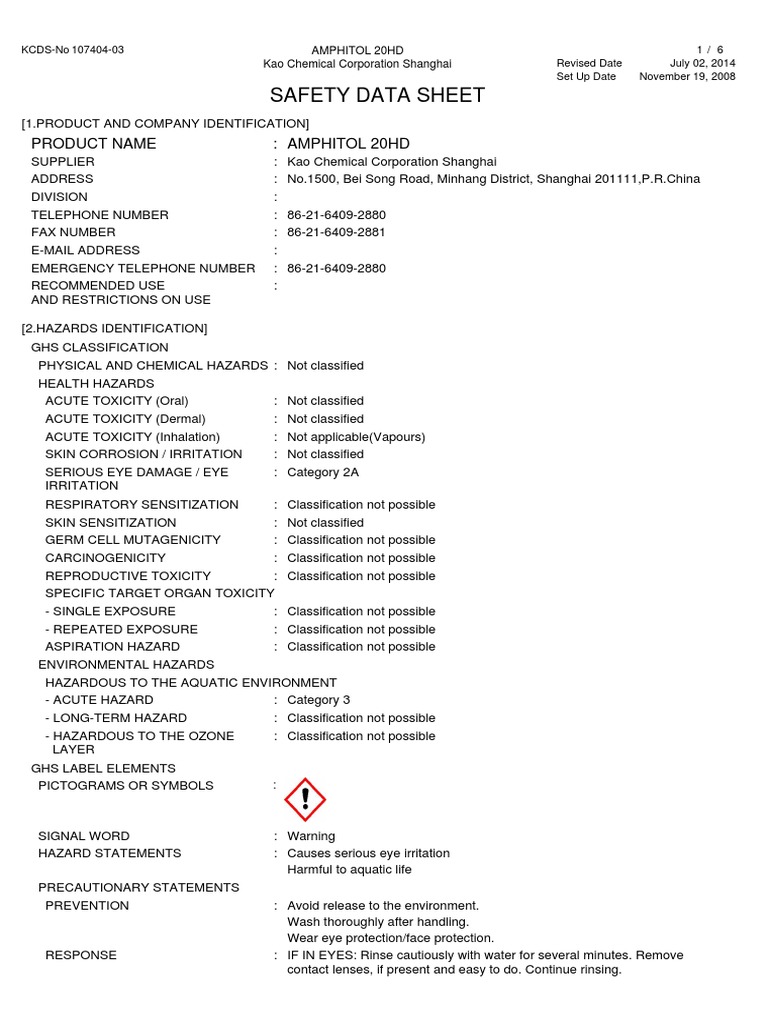 Amphitol 20HD Safety Data Sheet | PDF | Toxicity | Solubility