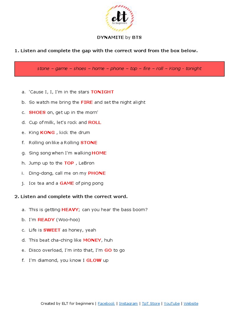 Elt For Beginners Song Based Worksheet Bts Dynamite TV | PDF