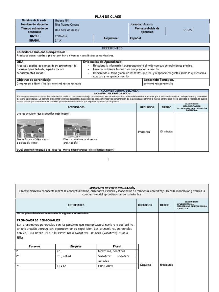 Plan de Clase Pronombres | PDF | Aprendizaje | Evaluación