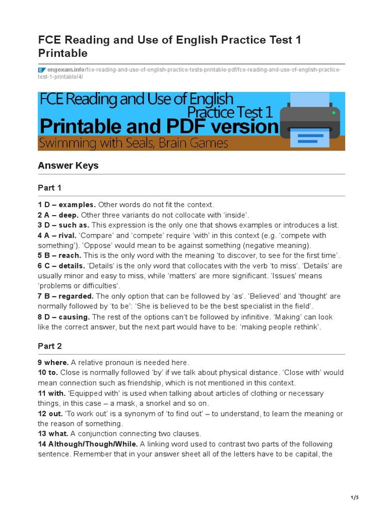 Engexam - info-FCE Reading and Use of English Practice Test 1 Printable ...