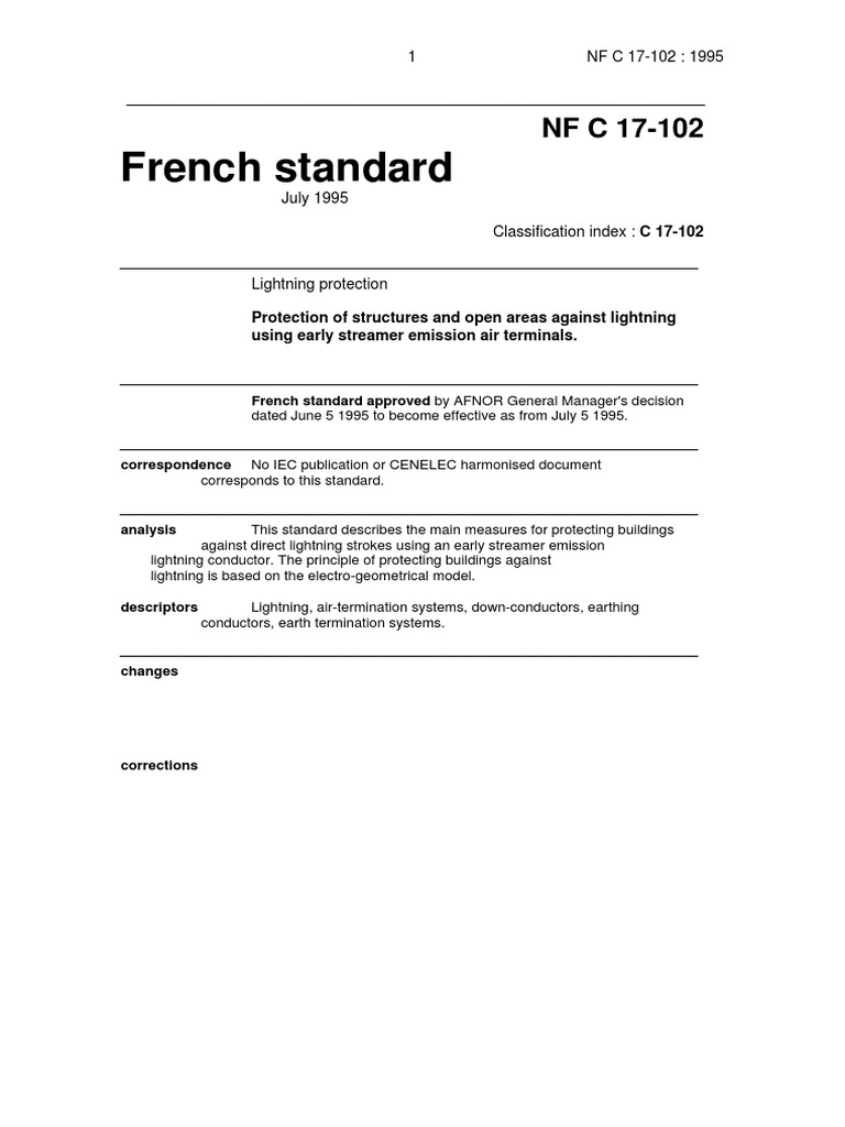 NFC 17102 - Lightning Protection - Protection of Structures and Open Areas Against Lightning ...