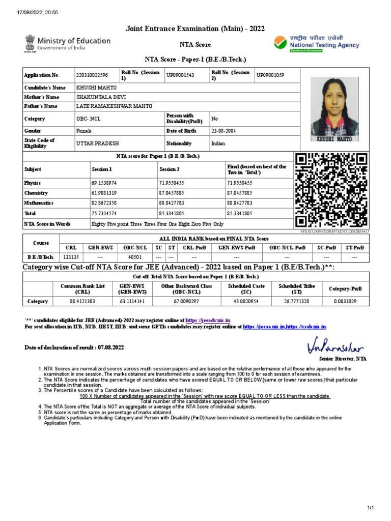 JEE Scorecard | PDF | Qualifications | Student Assessment And Evaluation