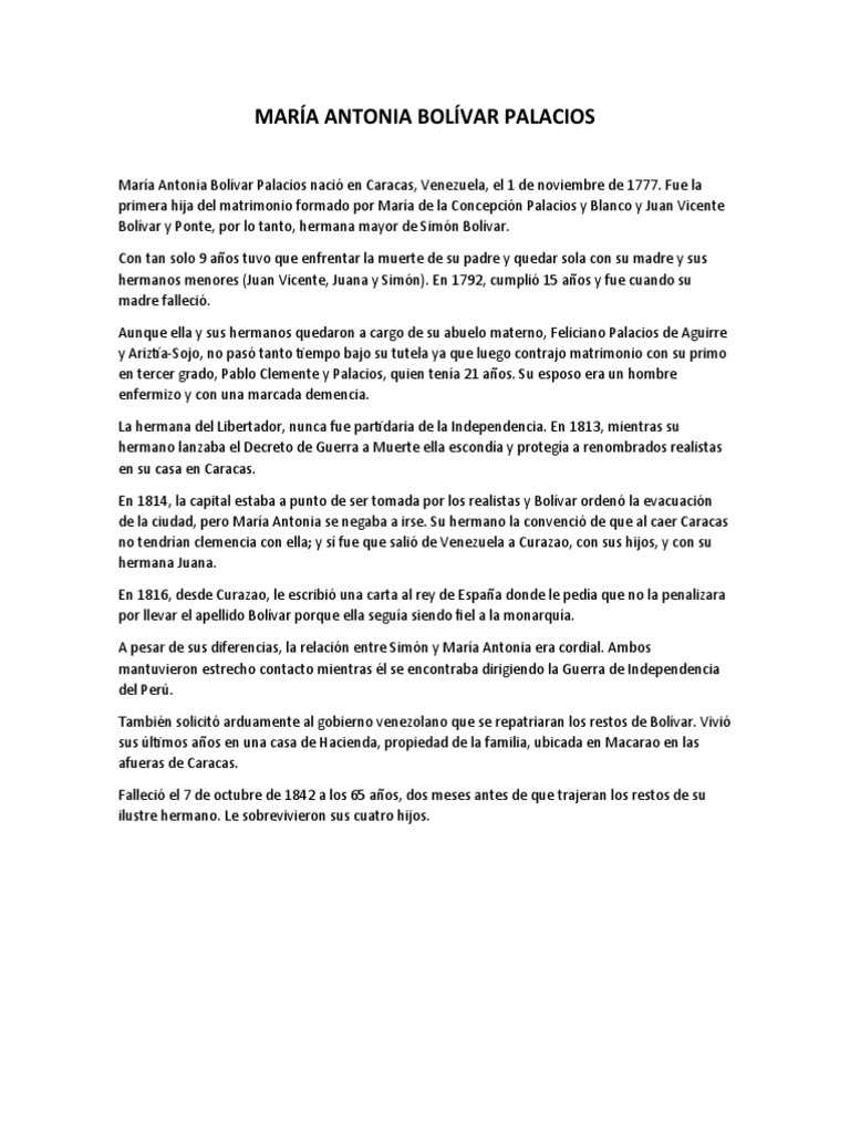La vida de María Antonia Bolívar Palacios, la hermana mayor del ...