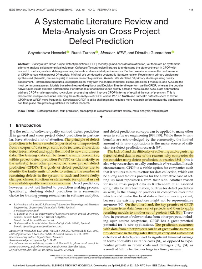 P1 A Systematic Literature Review And Meta Analysis On Cross Project