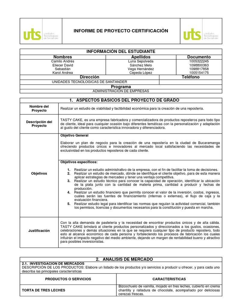 Informe Proyecto Certificacion Uts Tasty Cake | PDF | Mercado (economía ...