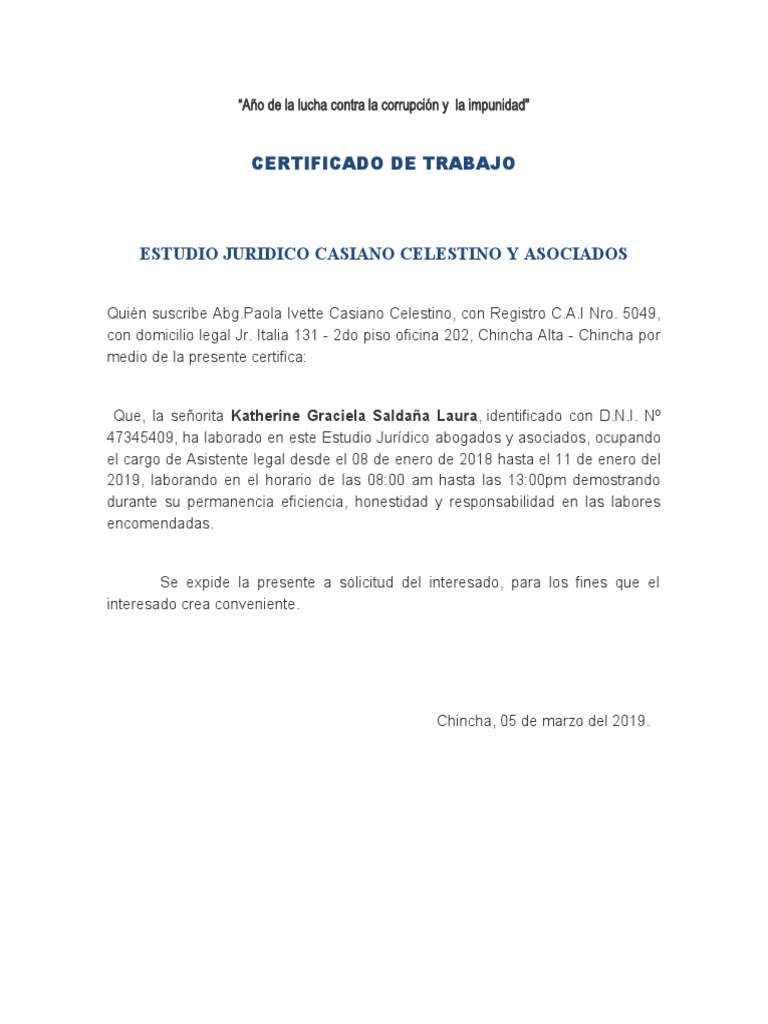 Certificado Laboral Asistente Legal 2018-2019 | PDF