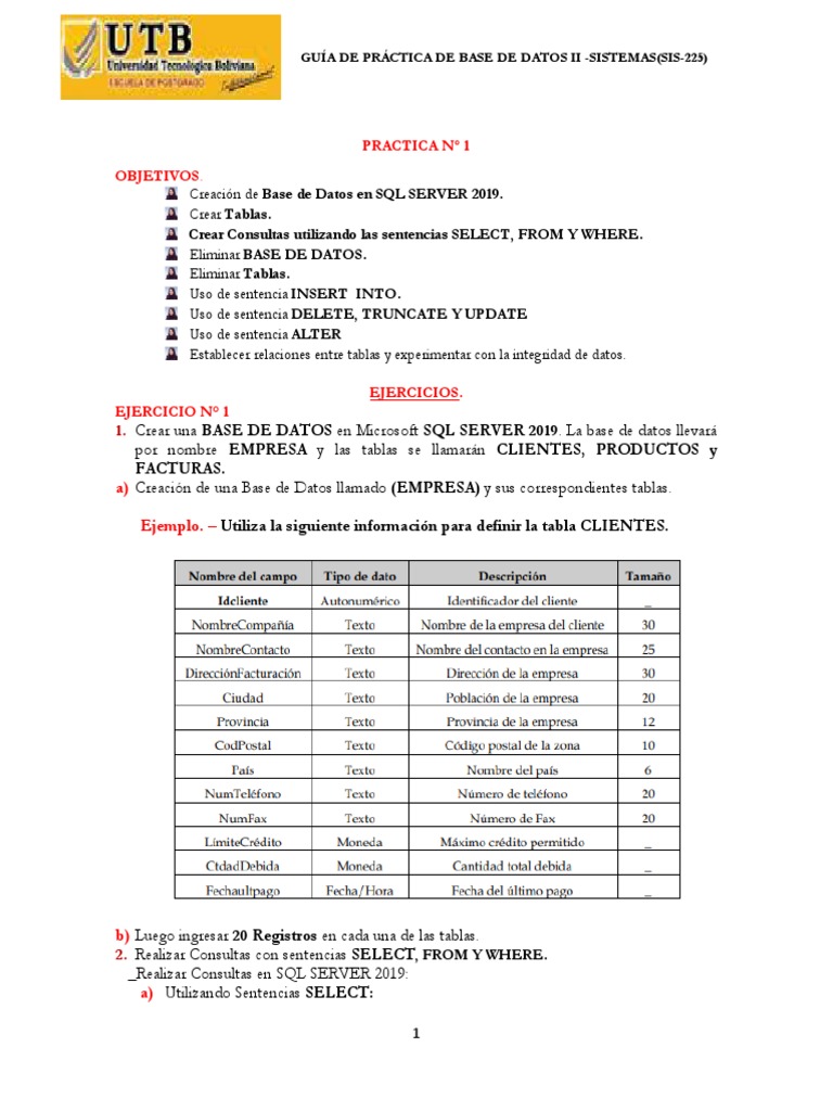 Guía de práctica SQL Server 2019 crea tablas, consultas, relaciones | PDF | Servidor SQL de ...