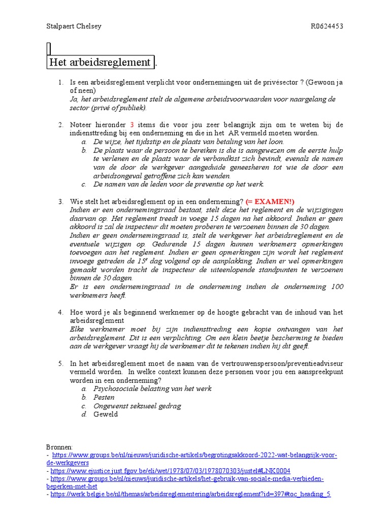 Opdracht 2 - Het Arbeidsreglement | PDF