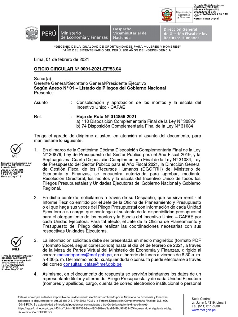Oficio Circular 001-MEF-CAFAE | PDF | Lima | Perú
