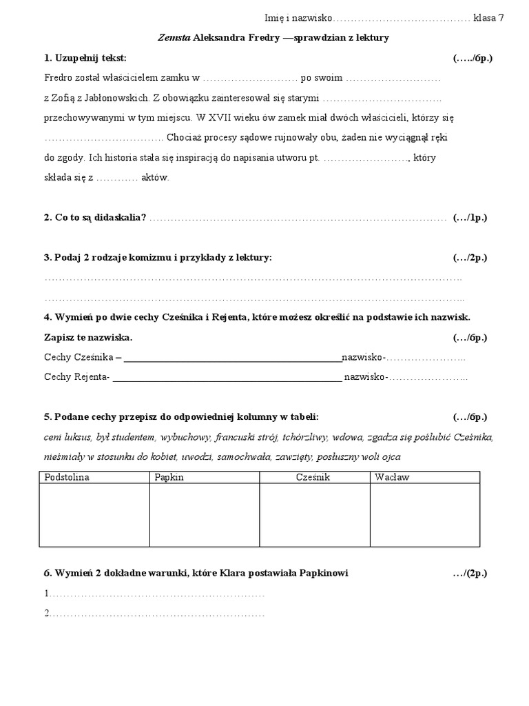 Zemsta Sprawdzian KL 7 | PDF