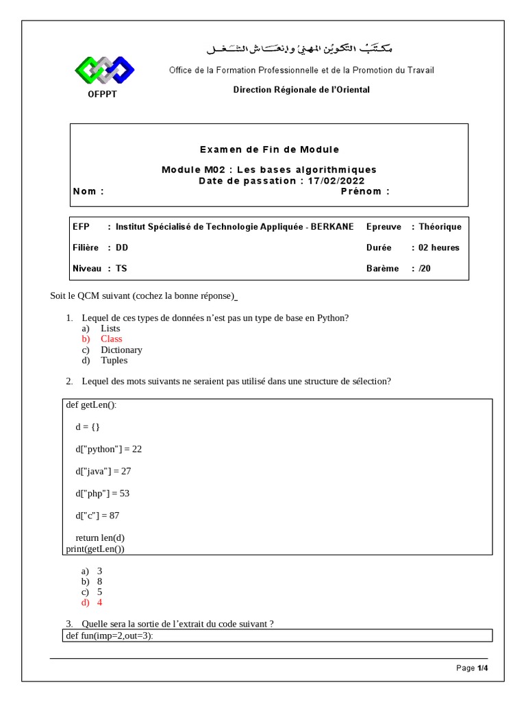 Examen de Fin de Module Module M02: Les Bases Algorithmiques Date de Passation: 17/02/2022 Nom ...