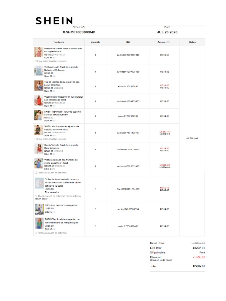 Invoice Shein | PDF