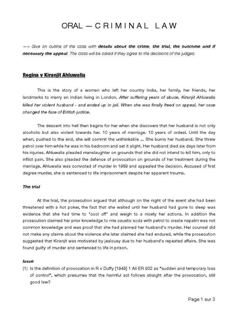 C R I M I N A L L A W Regina V Kiranjit Ahluwalia | Download Free PDF ...