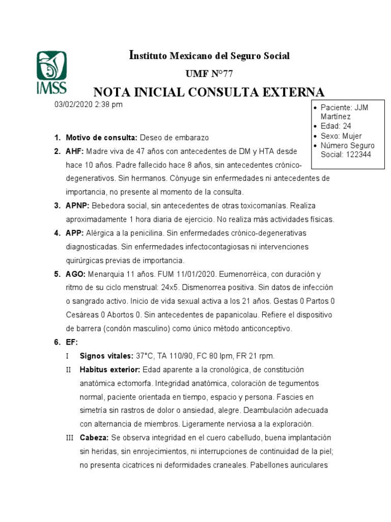 Ejemplo de Notas Médicas | PDF | El embarazo | Control de la natalidad