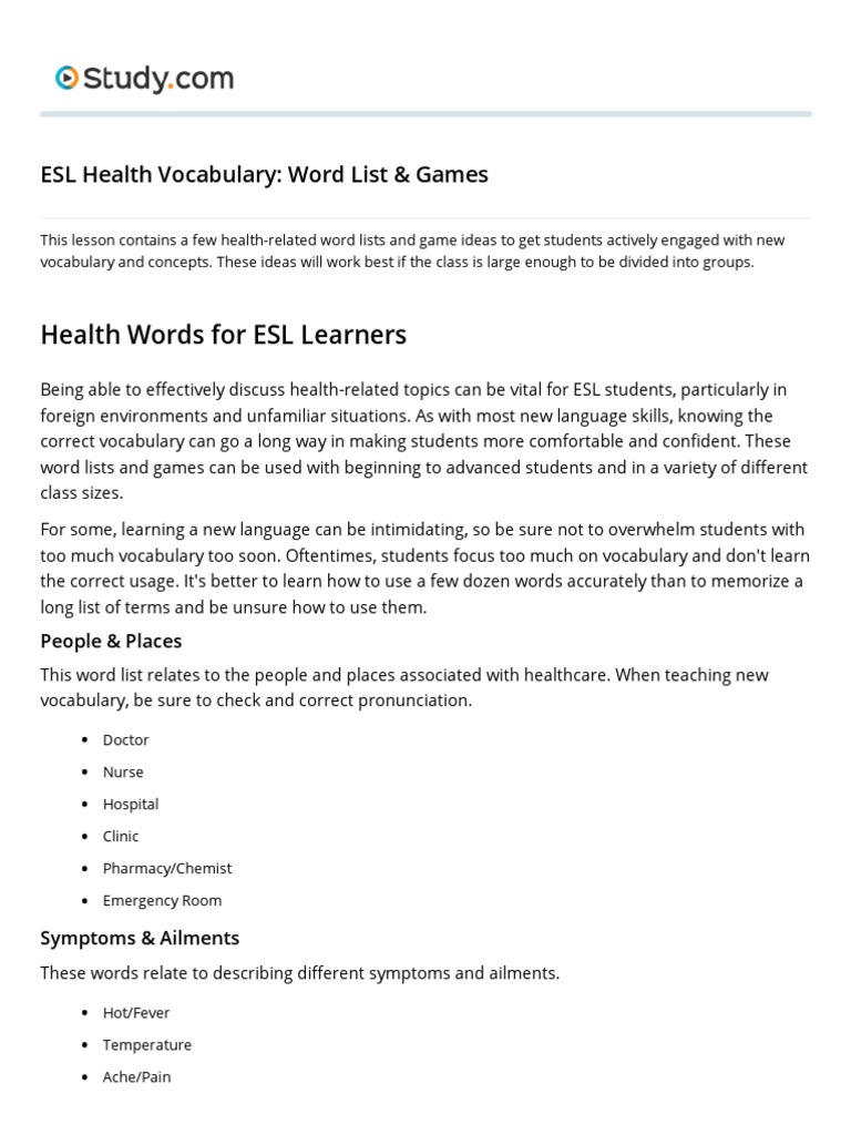 ESL Health Vocabulary & Games | PDF | Vocabulary | English As A Second ...