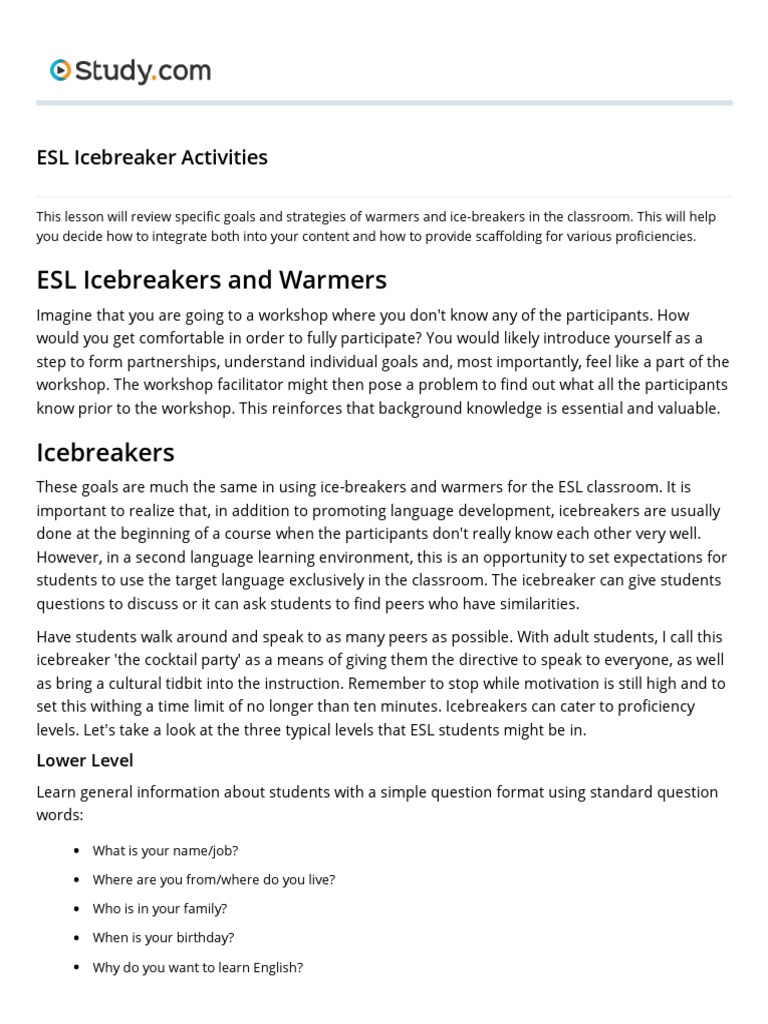 ESL Icebreaker Activities | PDF | Question | Vocabulary