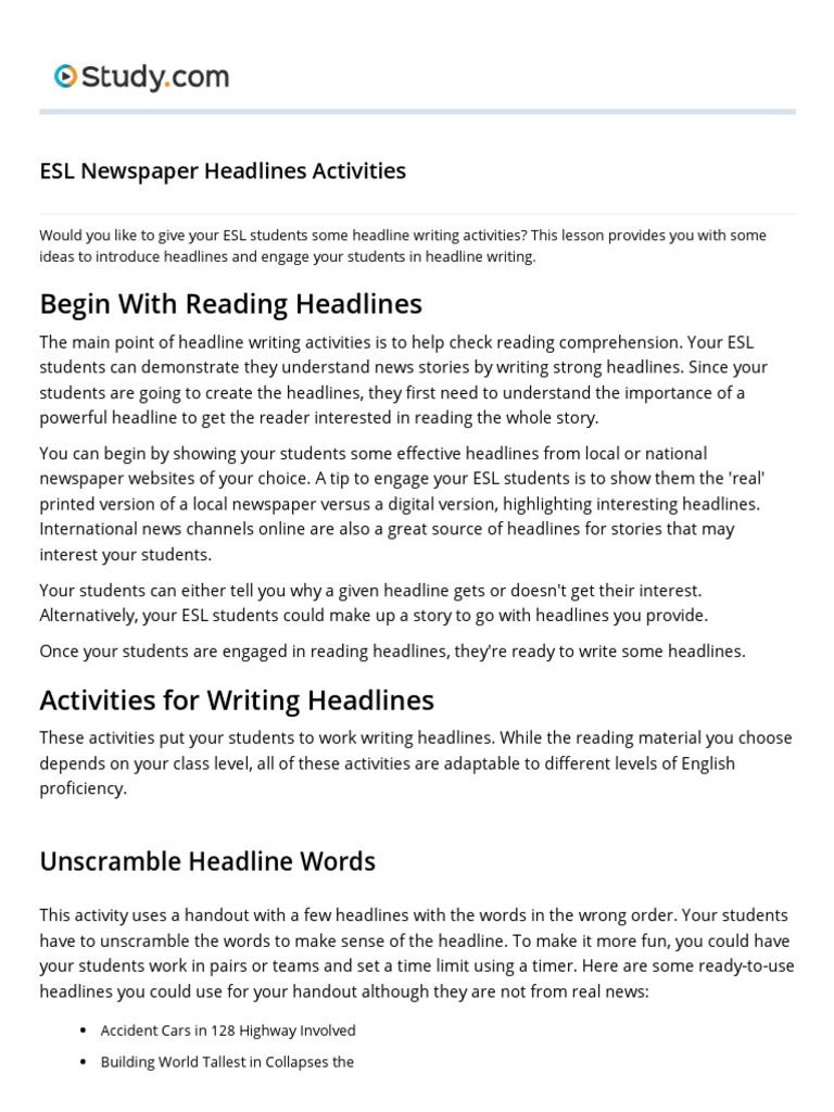 ESL Newspaper Headlines Activities | PDF | English As A Second Or ...