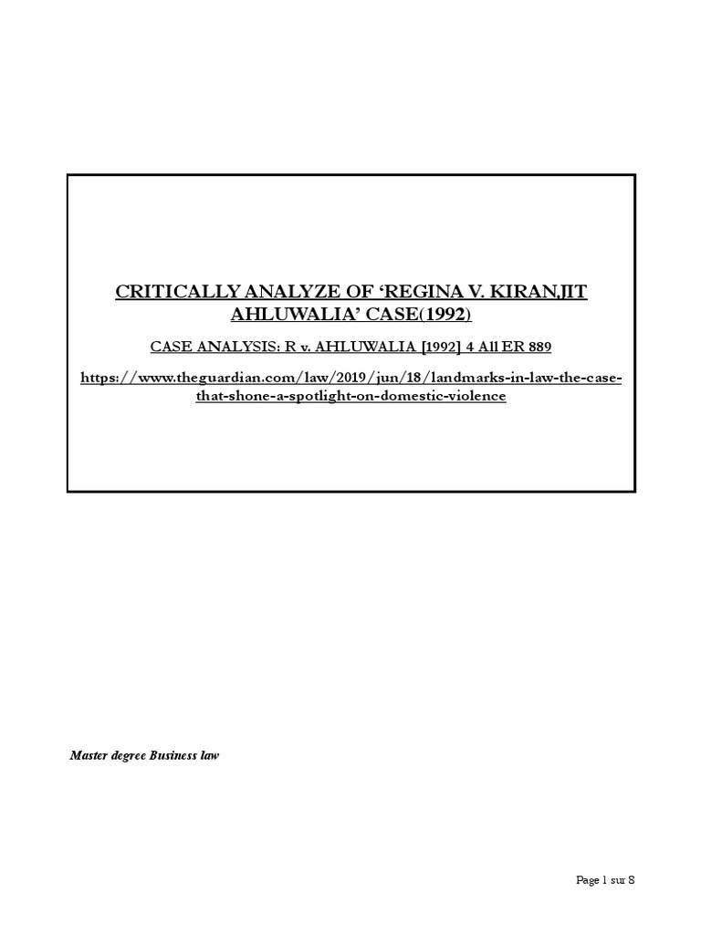 CRITICALLY ANALYZE OF REGINA v. Kiranjit Ahluwalia' CASE (1992) CASE ...
