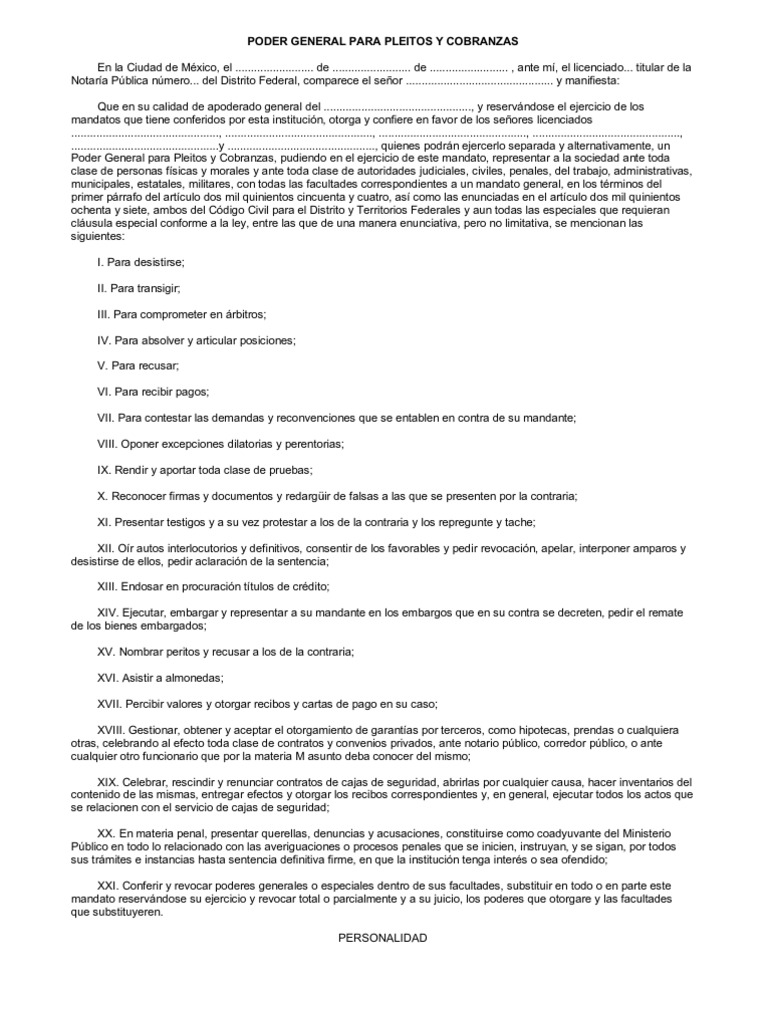 Poder General Para Pleitos y Cobranzas