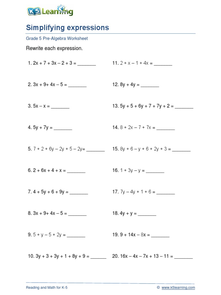 Grade 5 Simplifying Expressions Combining Like Terms A | PDF