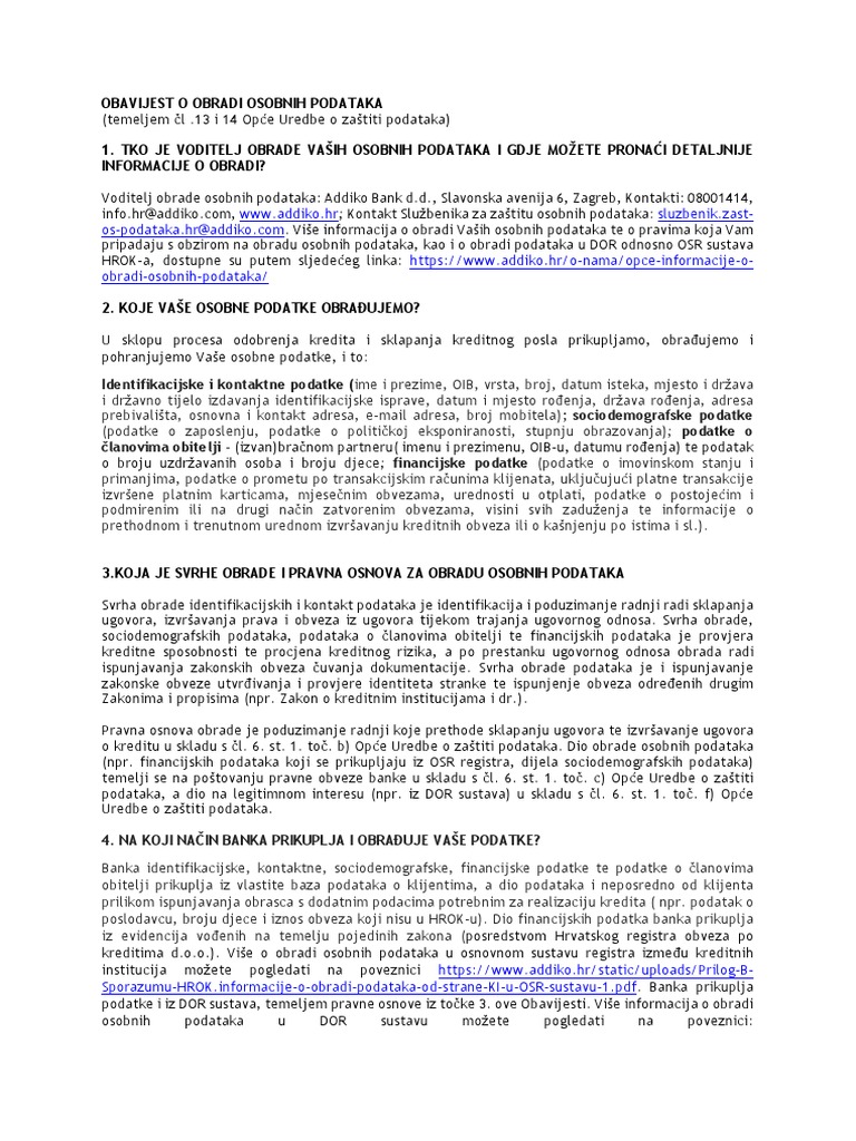 Obavijest o Obradi Osobnih Podataka | PDF
