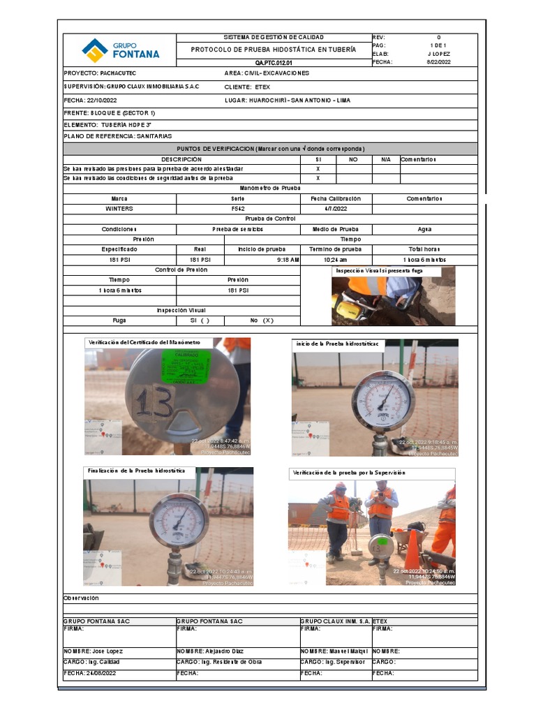 Qa - ptc.0012.01 - Protocolo Prueba Hidrostática Tuberia Hdpe | PDF | Presión