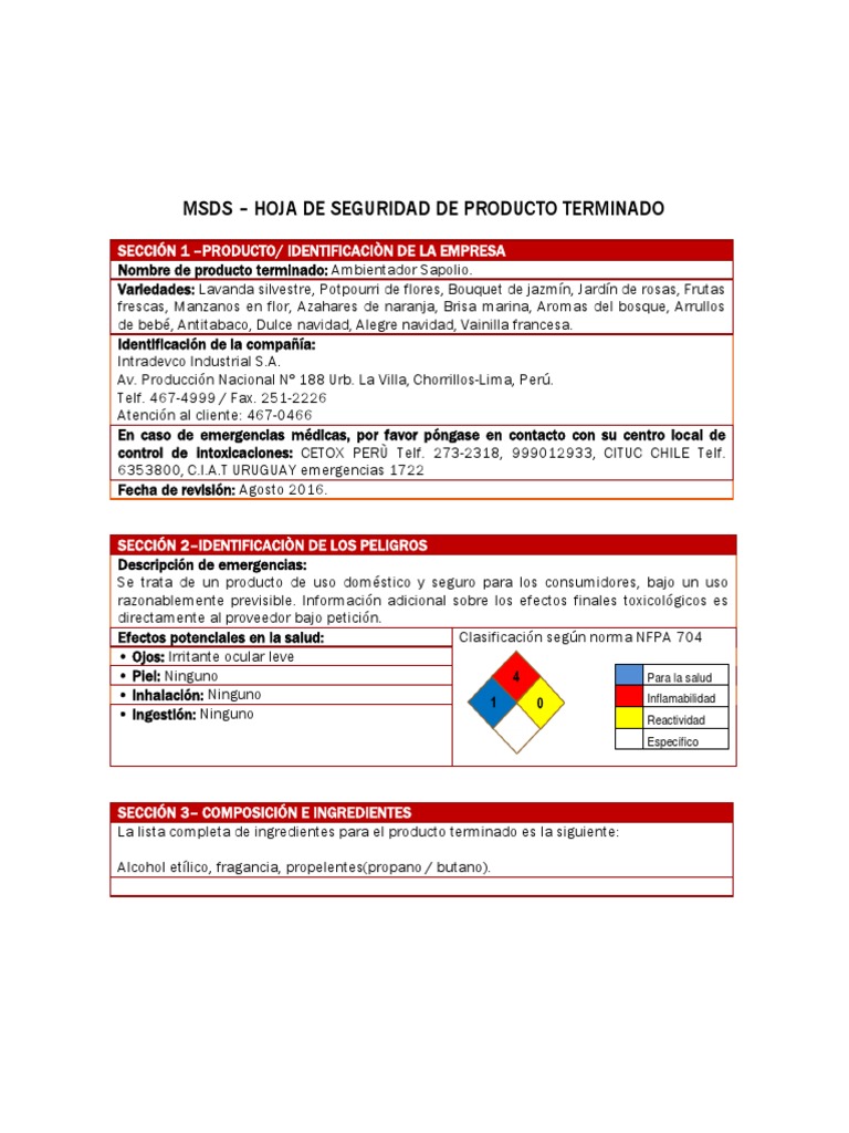 Hoja de Seguridad-DESOD AMBIEN SAPOLIO SPRAY TABACO 360 ML | PDF ...