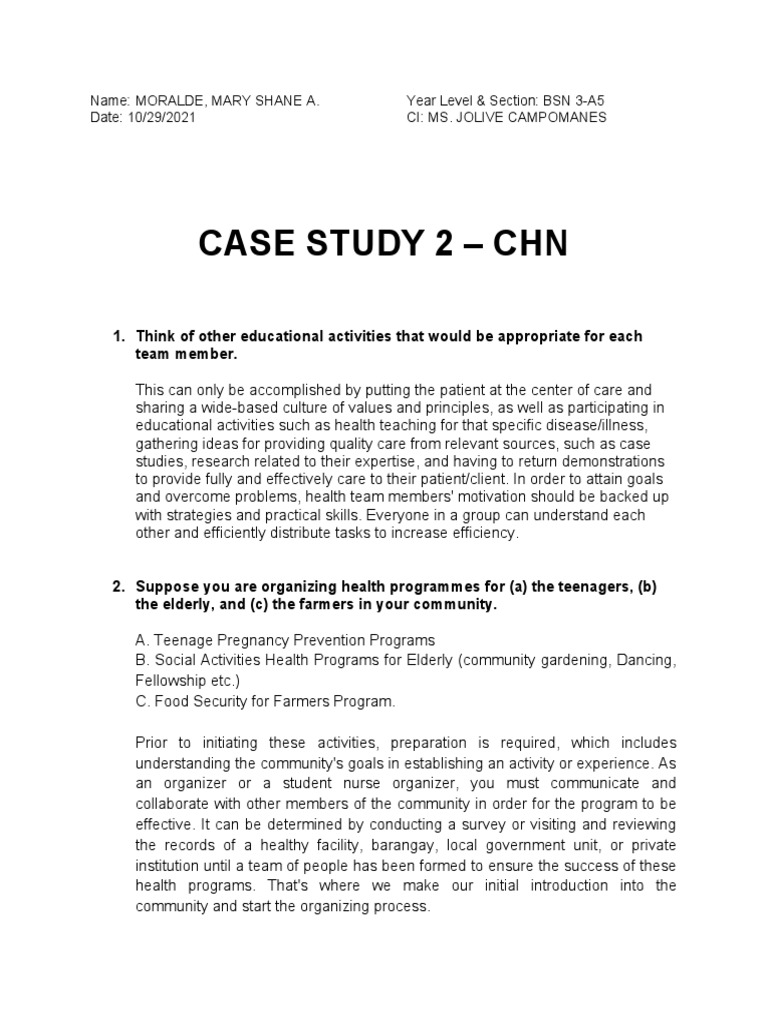 CHN Case Study 2 Sample | PDF | Health Education | Nursing
