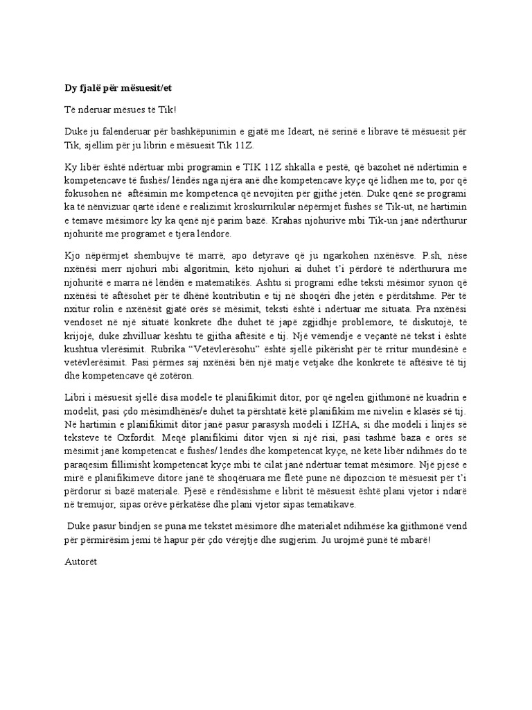 TIK 11 Me Zgjedhje Ditaret | PDF