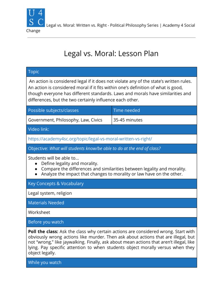 Legal Vs Moral Lesson Pdf Morality Social Institutions