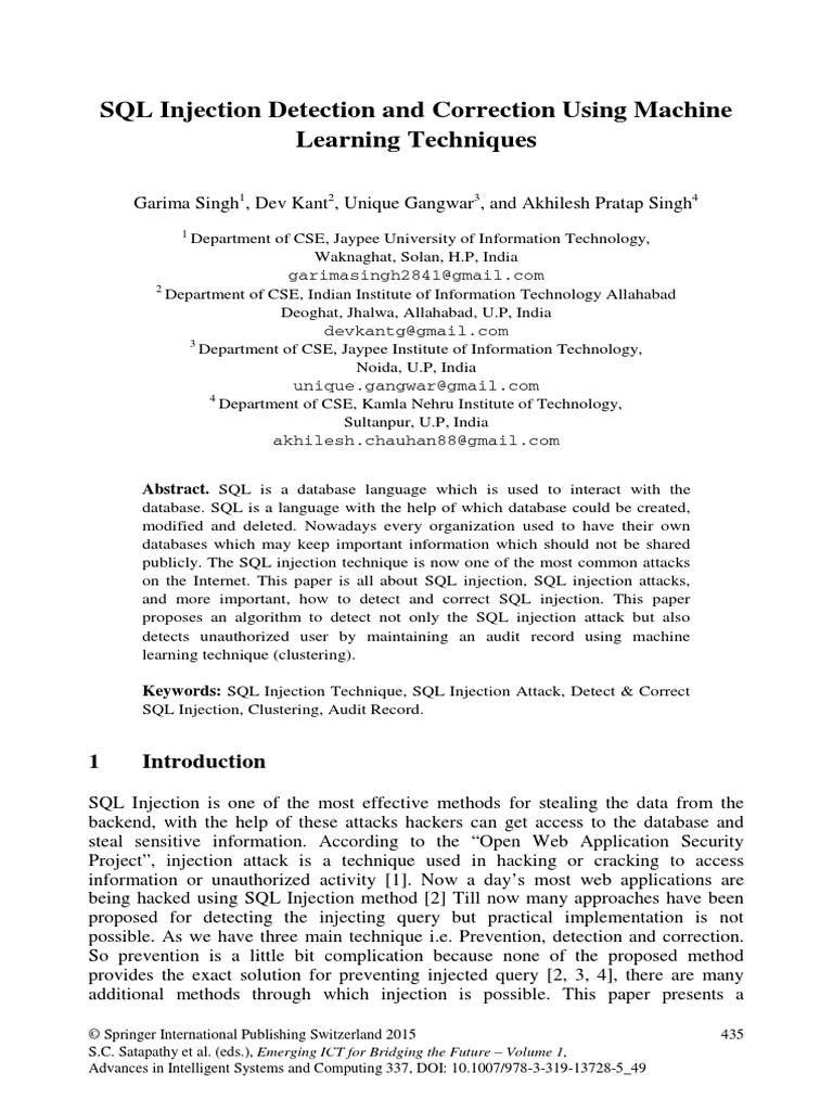 Sql Injection Detection And Correction Using Machine Pdf Databases