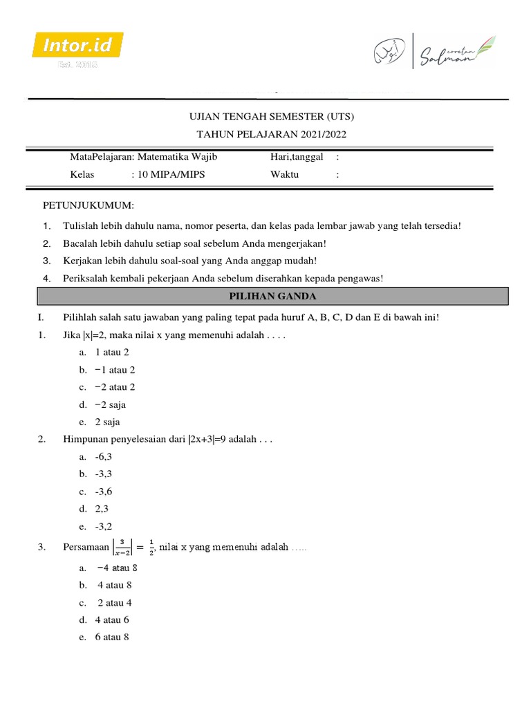 Latihan Soal Dan Pembahasan UTS Matemati | PDF