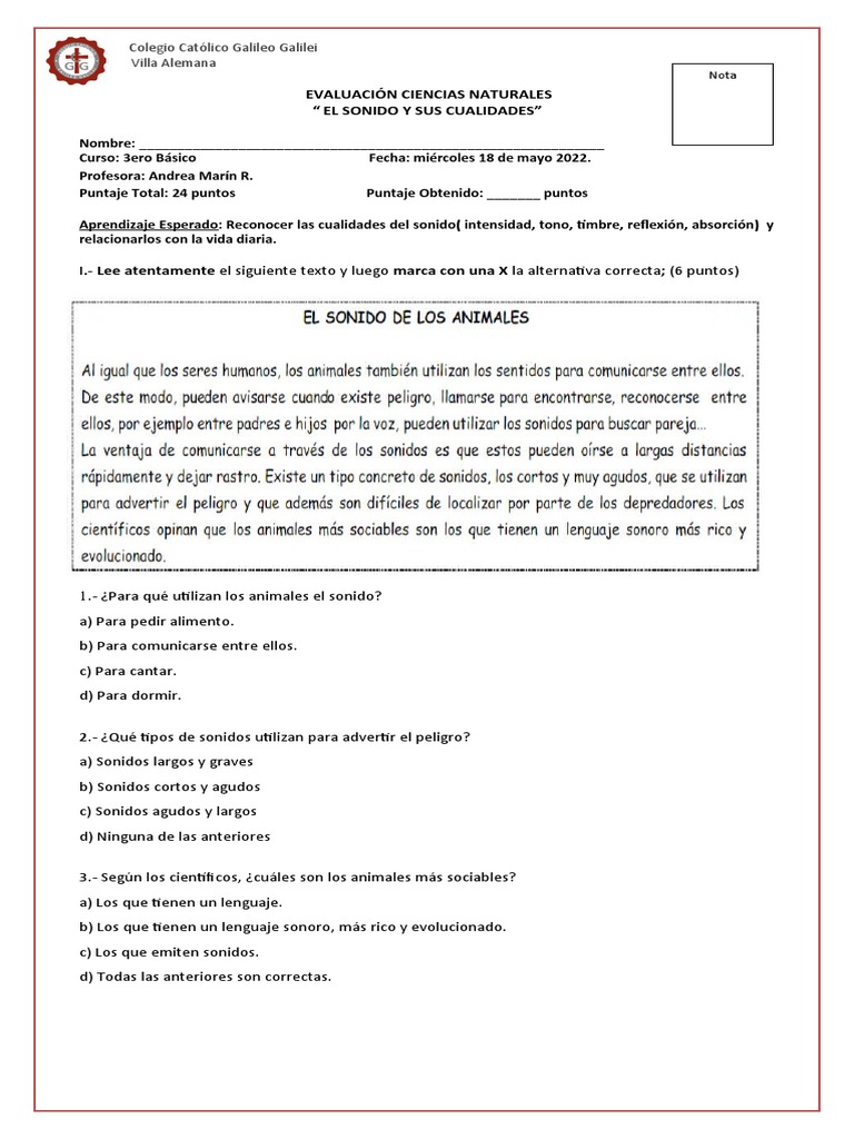 Evaluación Sonido y Sus Cualidades | Descargar gratis PDF | Sonido ...
