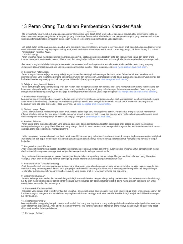 13 Peran Orang Tua Dalam Pembentukan Karakter Anak Pdf
