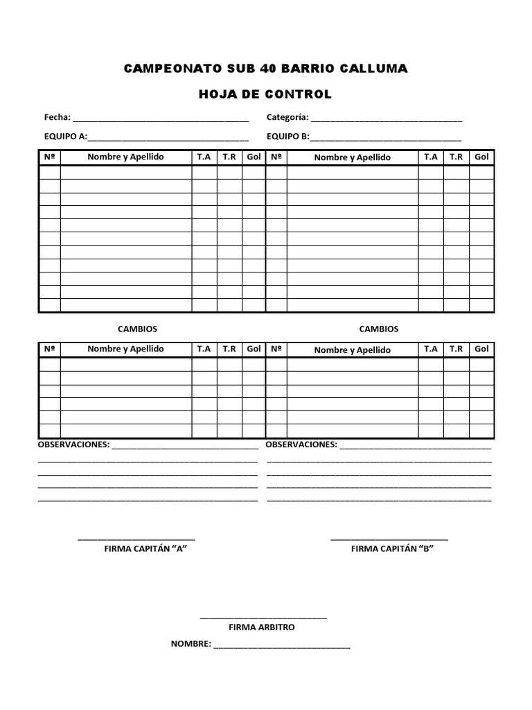 Hoja de Control Futbol | PDF