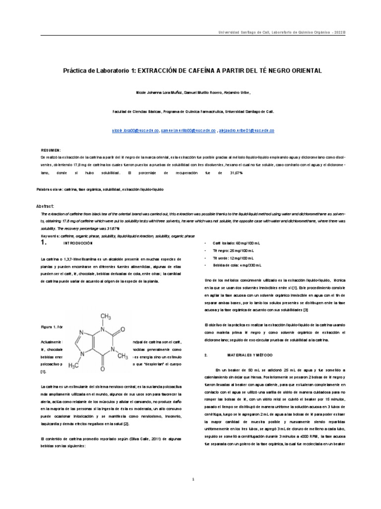 Informe Grupo 5 Extraccion De Cafeina A Partir Del Te Negro Pdf