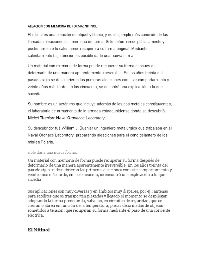 Nitinol: Aleación con Memoria de Forma | PDF | Materiales | Química