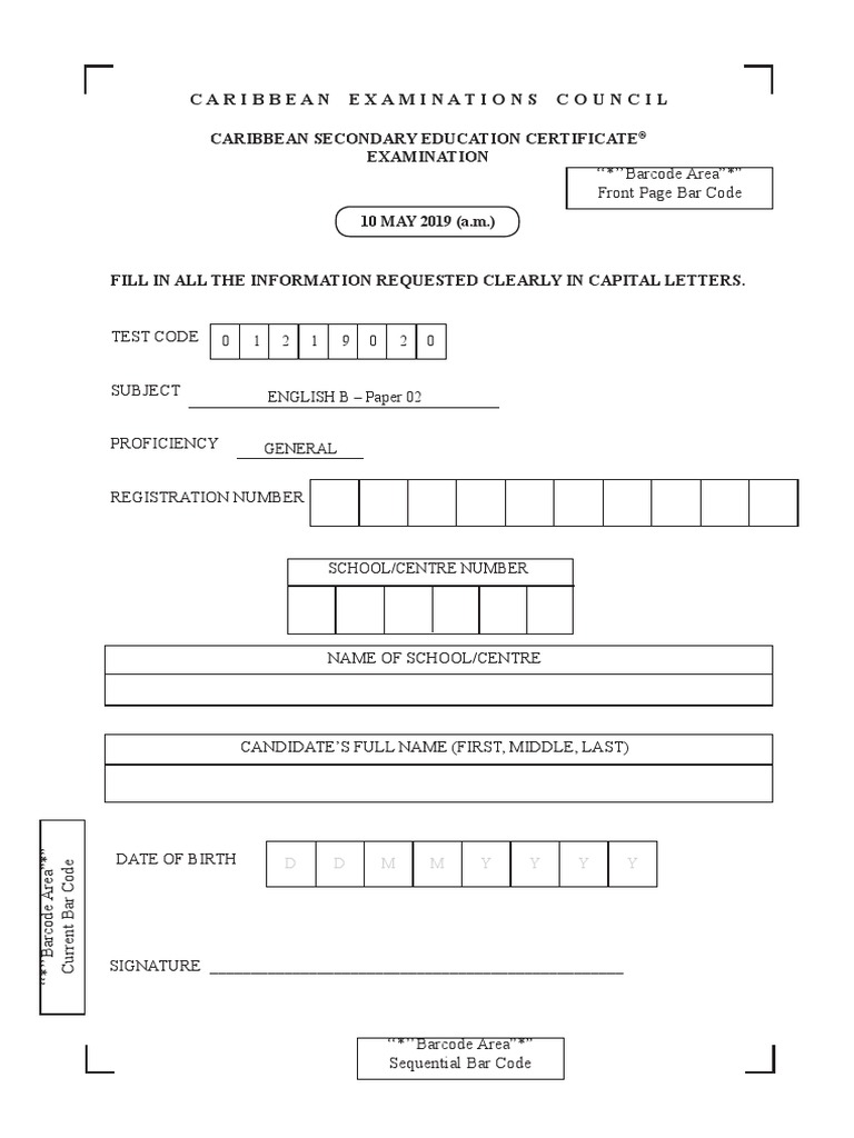 CSEC English B Paper 02 May 2019 | PDF | Barcode | Writing