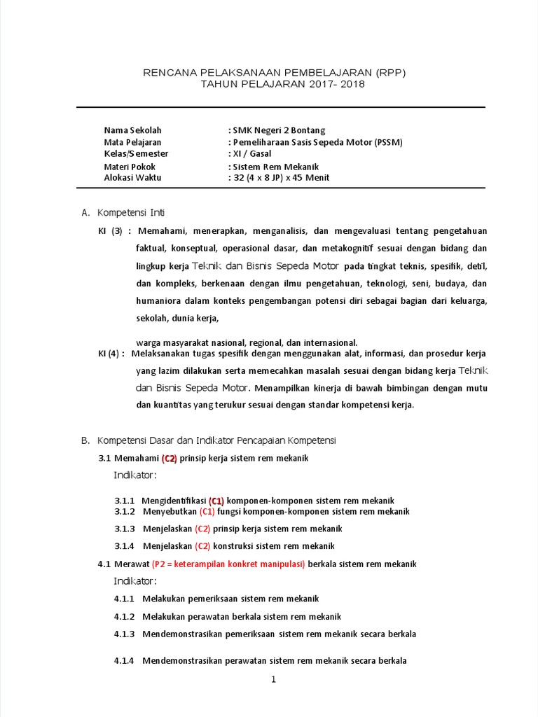 RPP PBL Sistem Rem Mekanik | PDF