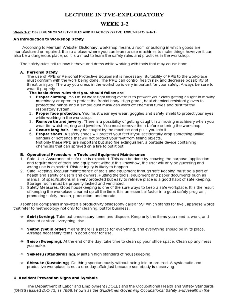 Week 1 & 2 - Lecture in Tve | PDF | Personal Protective Equipment ...