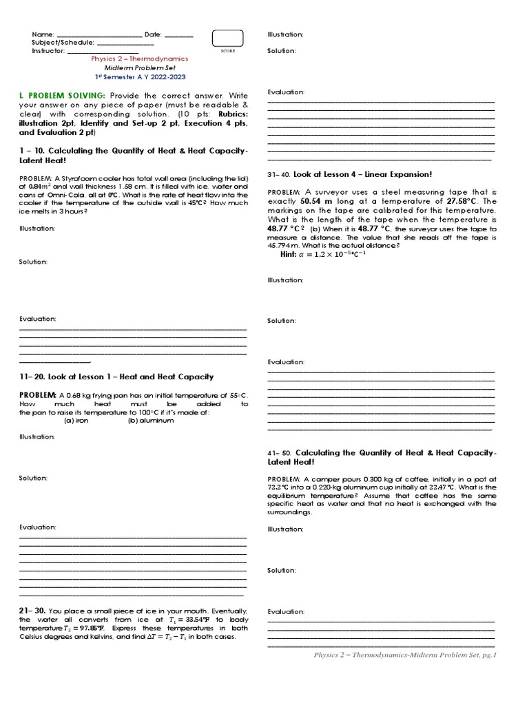 Thermodynamics Midterm Problem Set | PDF | Heat | Temperature