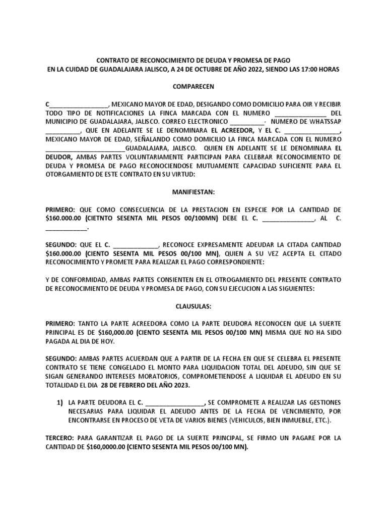 Contrato de Reconocimiento de Deuda y Promesa de Pago | PDF | Pagaré | Pagos