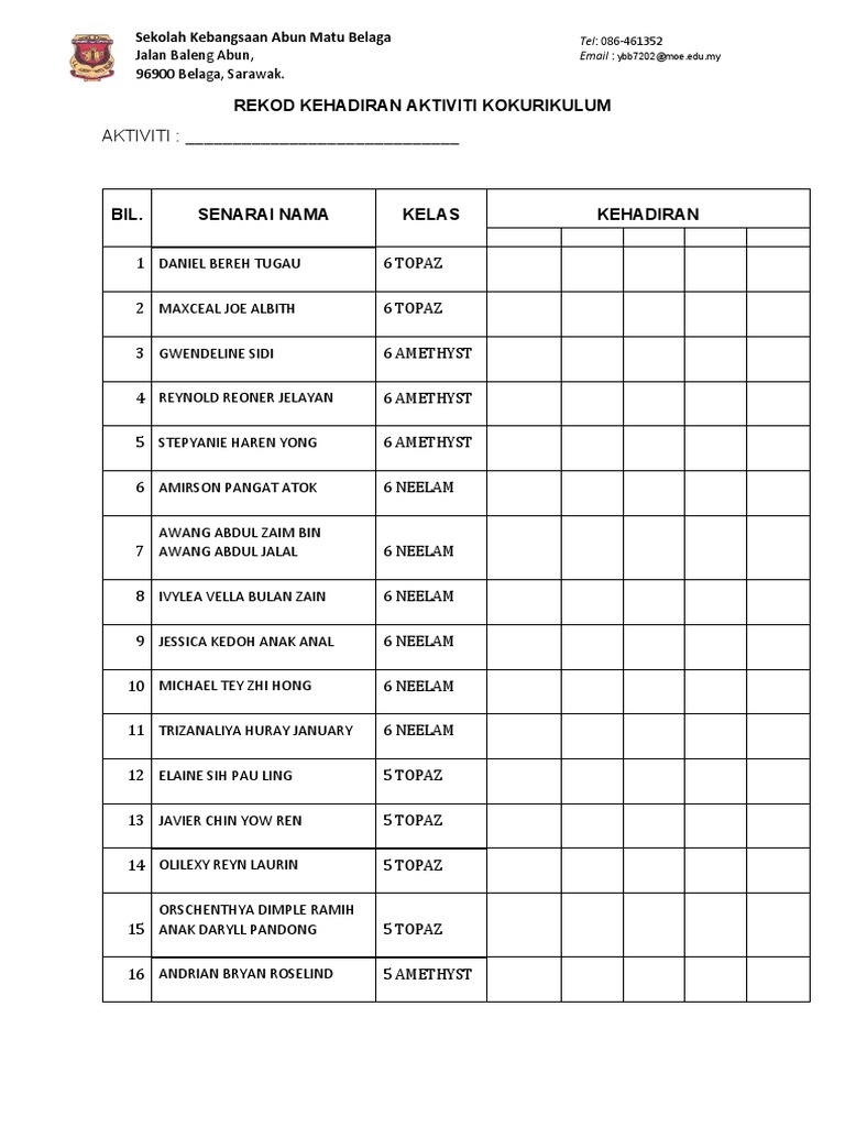 Template Rekod Kehadiran KK | PDF