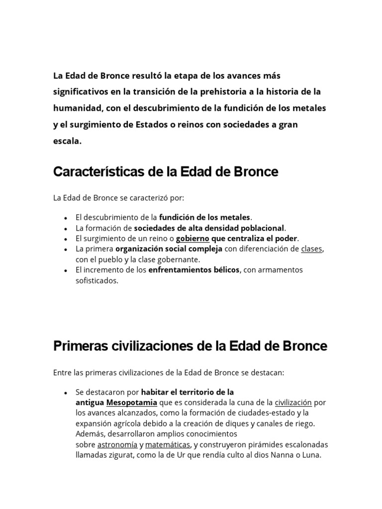 Características de la Edad de Bronce | PDF | Edad de Bronce | Edad de ...
