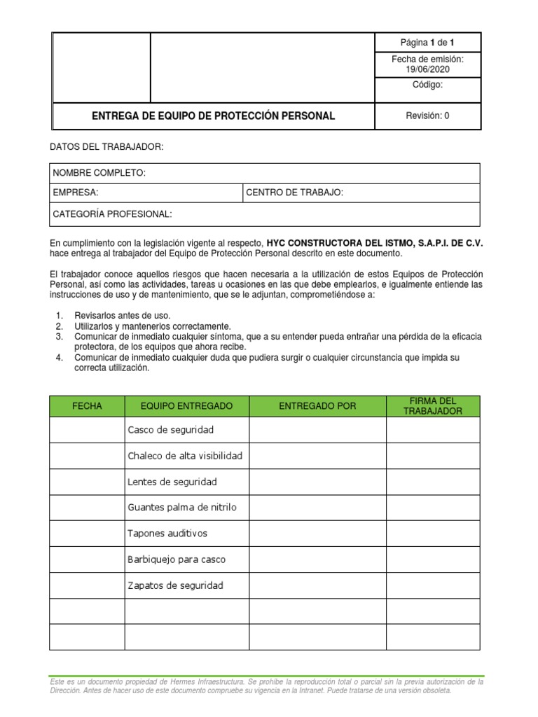 Formato de Entrega de Epp | PDF